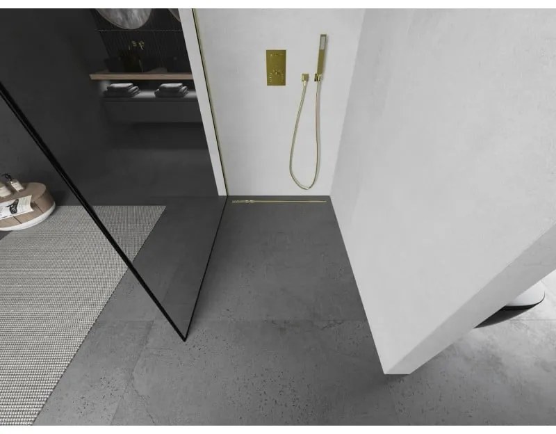 Mexen Kioto L, sprchová zástěna Walk-In 110 x 200 cm, 8mm čiré sklo černý vzor, zlatý lesklý profil, 800-110-103-50-70