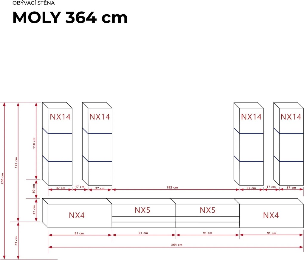 Ral Obývací stěna MOLY 364 cm - Bílý lesk