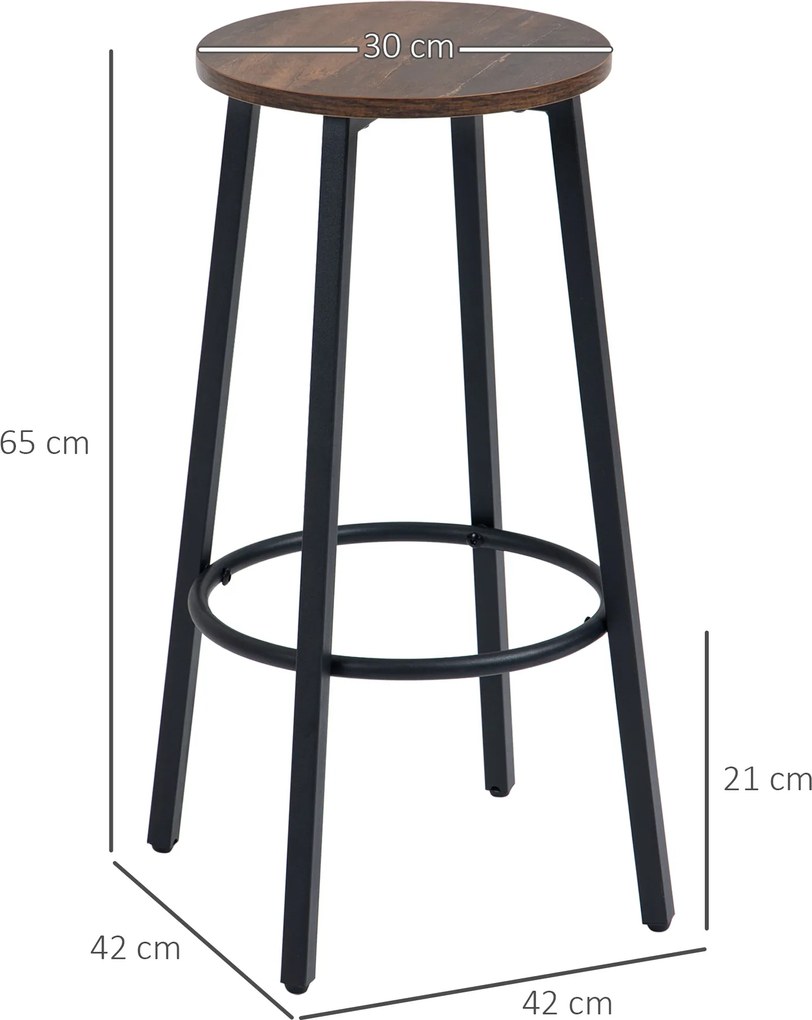 HOMCOM Barová židle sada 2 kuchyňských židlí s podnožkou v industriálním designu, kovový rám, pro jídelnu do 120 kg, 42x42x65 cm, hnědá | Aosom.de