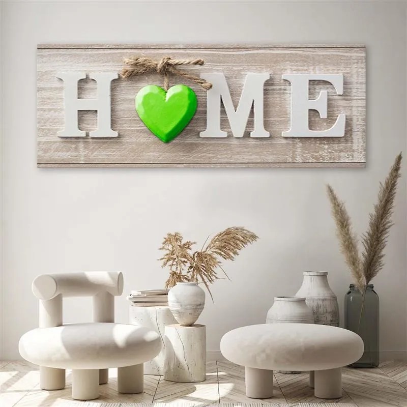 Gario Obraz na plátně Nápis Home se zeleným srdcem na světlém dřevě Rozměry: 90 x 30 cm