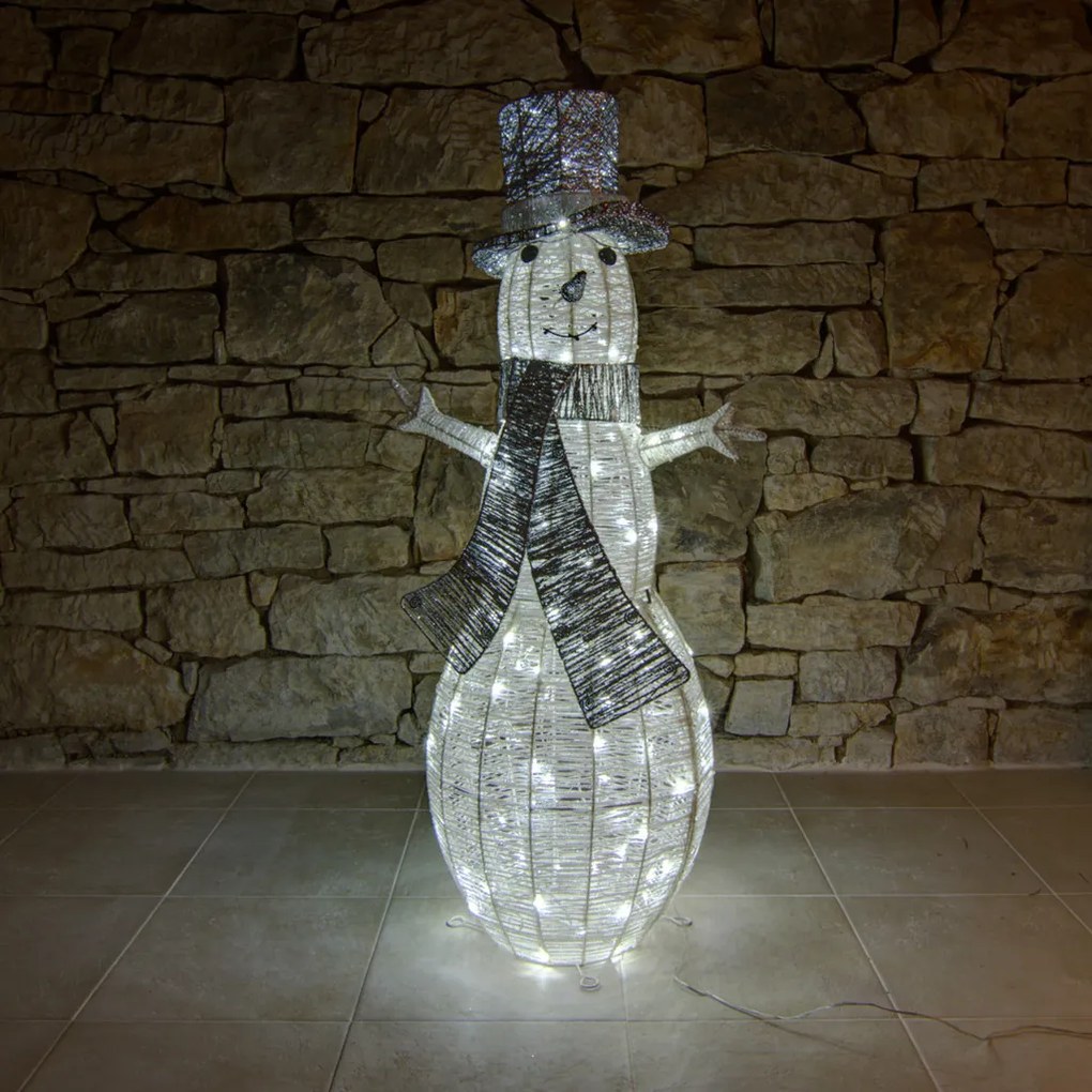 3D LED svítící sněhulák, 107 cm, ledově bílá s Flash, 120 LED, bílo stříbrný, IP44