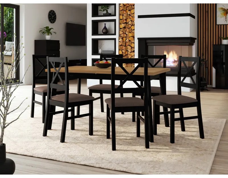 Stůl se 6 židlemi - AL43, Barva dřeva: dub grandson - L, Potah: Hygge D91, Barvy nožiček: Bíla