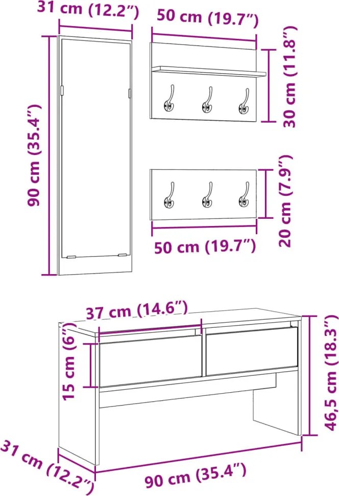 vidaXL 4dílný nábytek do předsíně kompozitní dřevo [847922] Barva: Betonová šedá