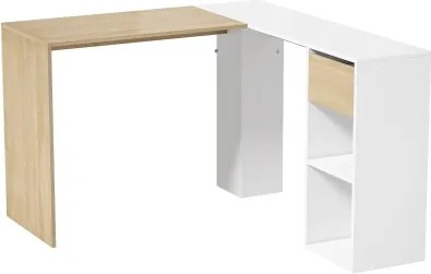 HOMCOM L-tvarový rohý stůl 120x110 cm se zásuvkou a 2 odkládacími plochami pro domácí kancelář Bílá a Přírodní