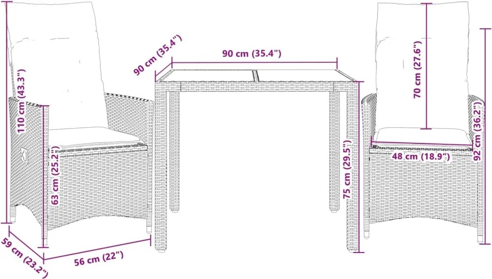 3dílný bistro set s poduškami šedý polyratan 3276735