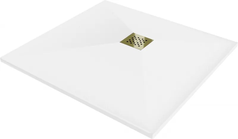 Mexen Stone+, čtvercová vanička z minerálního kompozitu 100 x 100 cm, bílá, zlatá lesklá krytka, 44101010-G