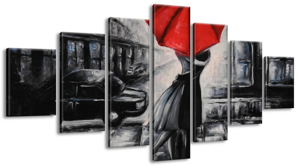 Gario Ručně malovaný obraz Červený polibek v dešti - 7 dílný Rozměry: 210 x 100 cm
