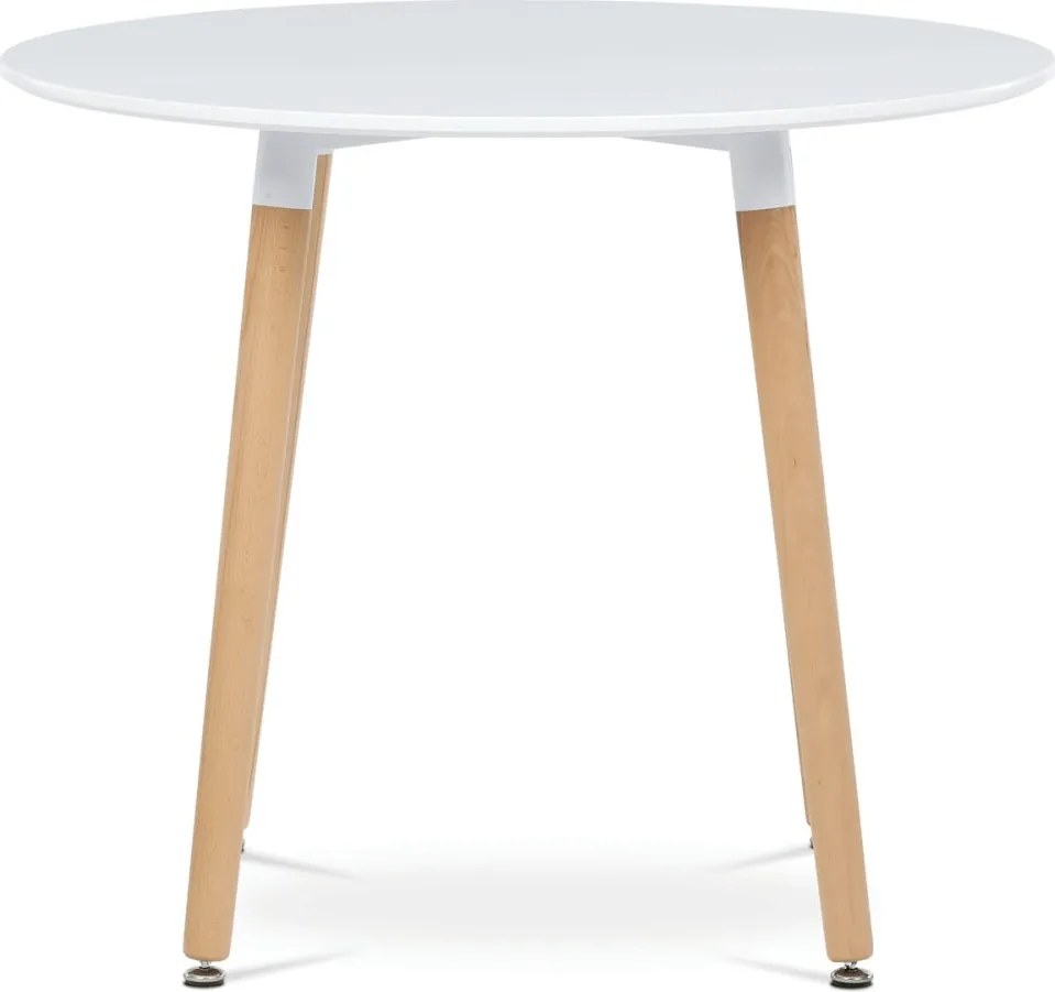 Stůl jídelní, kovová kostrukce, dřevěné nohy, MDF – bílý matný lak (90 x 90) cm