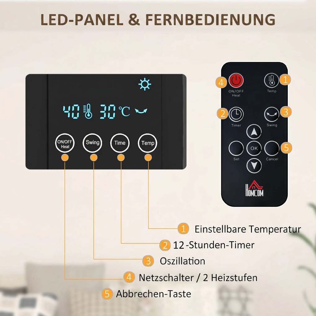 HOMCOM Elektrické topení, nástěnná montáž, oscilační funkce, 2 režimy, časovač, LED displej, černá