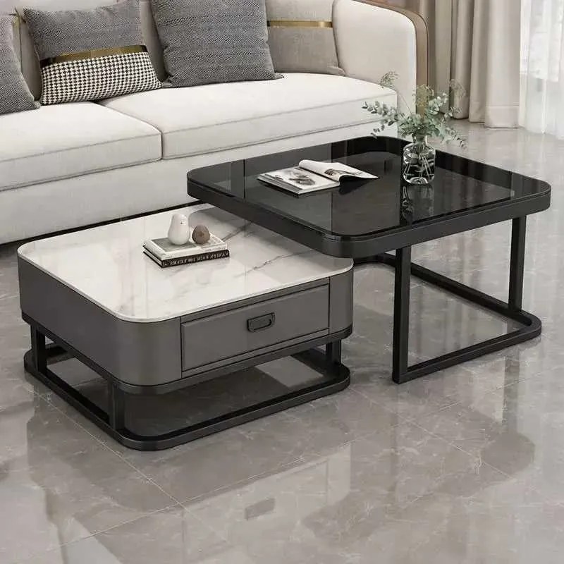 LuxuryForm DESIGN Konferenční stolek ARAGON 70 × 70 / 60 × 60 cm – šedý / bílý mramor + sklo (set 2 ks)