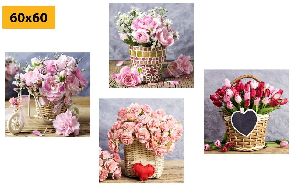 Set obrazů kytice květin ve vintage provedení