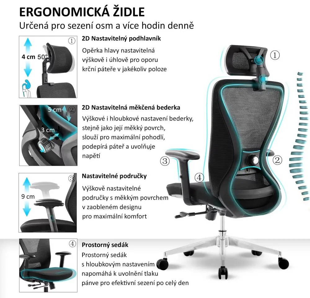 Ergonomická kancelářská židle ERGODO CORVIA - černá síťovina / nosnost 150 kg