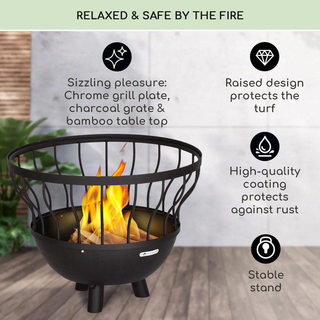 Blumfeldt Nantai 3 v 1, ohniště s grilem, Ø 66 cm, grilovací rošt Ø 50 cm, stůl, ocel, bambusová deska