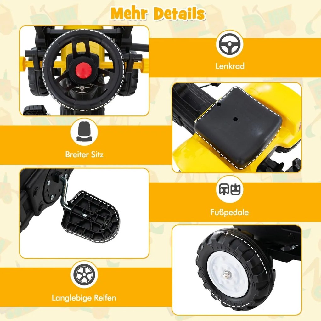 Costway 3 v 1 dětský buldozer bagr se 6 koly – 178 × 42 × 60 cm, žluť