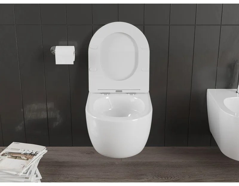 Mexen Carmen, závěsná WC mísa 490x365x340 mm, Rimless Tornádo, bílá lesklá, 3388XX00T