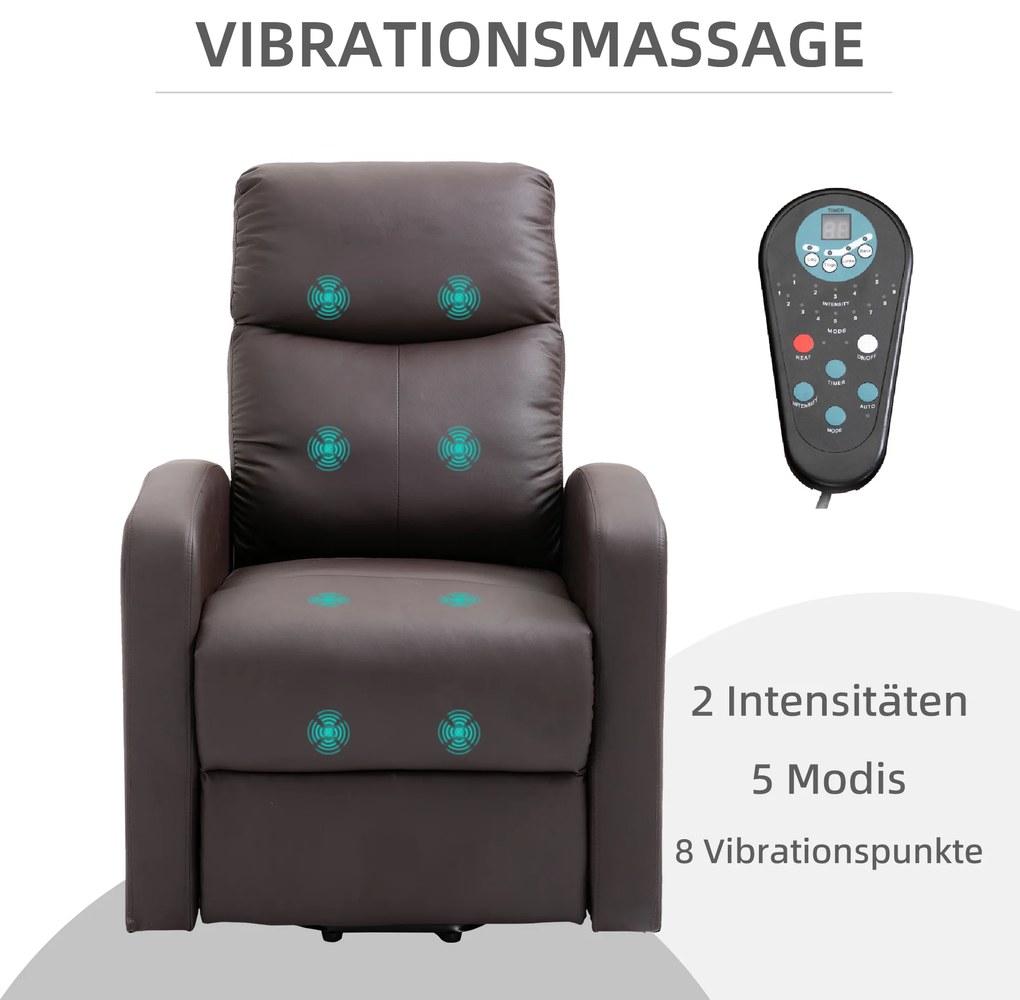 Polohovací křeslo HOMCOM s funkcí stojanu a elektrické masáže, funkce polohování, imitace kůže, hnědá barva, pohodlné křeslo s dálkovým ovládáním | A…