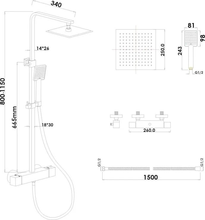 Sprchová tyč TAYLOR s ruční a dešťovou sprchou - 25x25 cm - chromová
