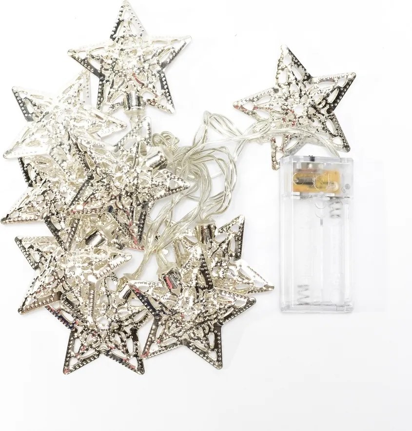 LED světýlka na baterie, 1,3 m, kovové hvězdy, ledově bílá, 10 diod, čirý kabel, IP20 interiér, 2× AA