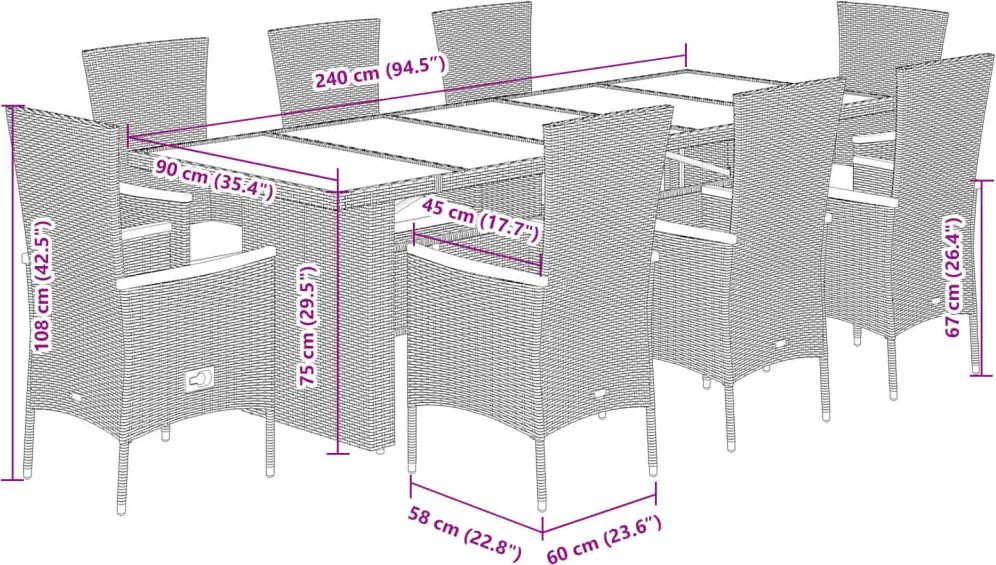 9dílný zahradní jídelní set s poduškami šedý polyratan 3277544