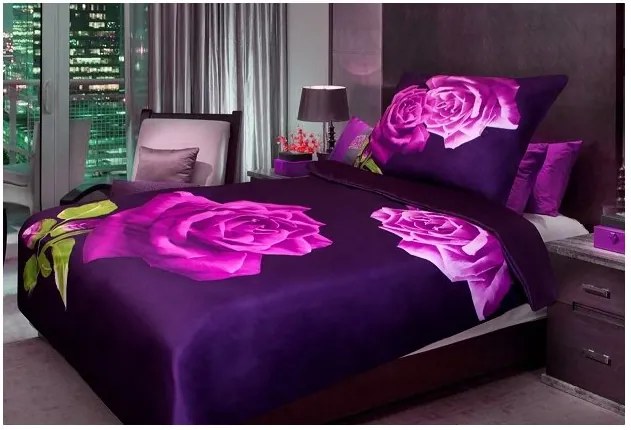 3D povlečení fialové růže 140x200 cm, 70x90 cm