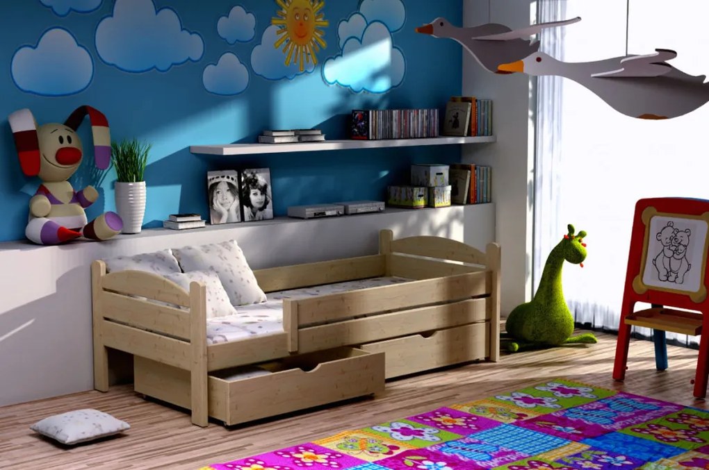 Dětská postel se zábranou ROBIN vč. roštu Povrchová úprava: bezbarvý lak, Rozměry: 90 x 200 cm