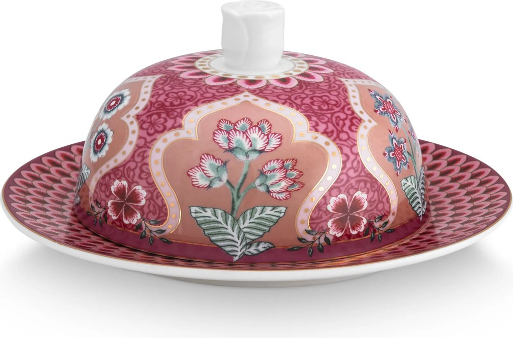 Pip Studio Flower Festival máselnice 17x8cm, tmavě růžová (Kulatá máslenka z tenkostěnného porcelánu)
