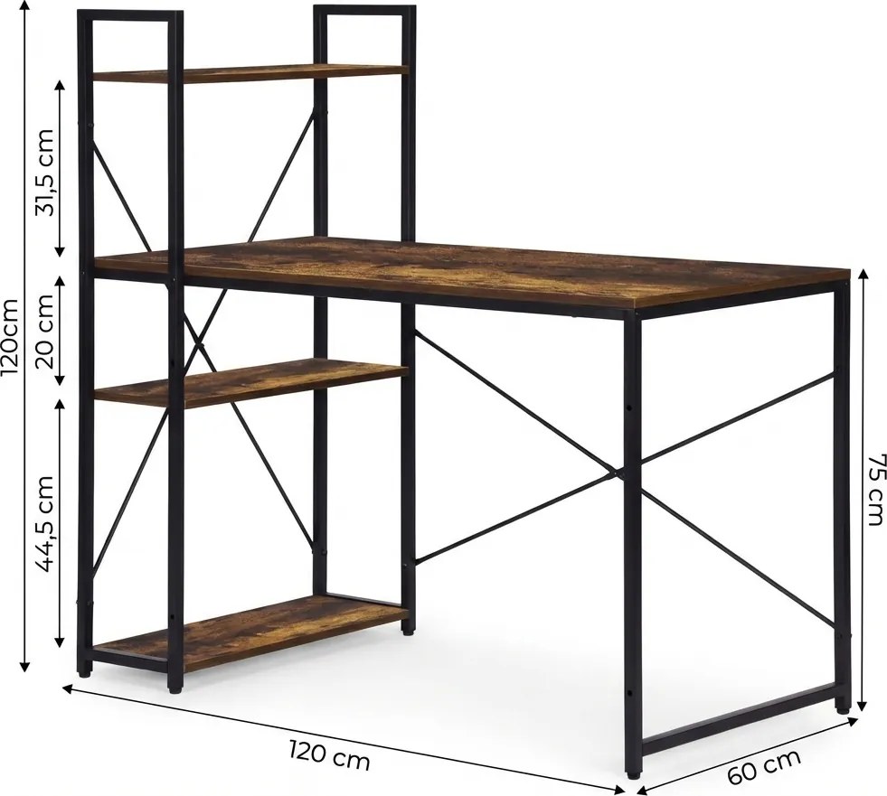 Psací stůl s regálem LOFTY 120x60 cm, černý / rustikálně hnědý