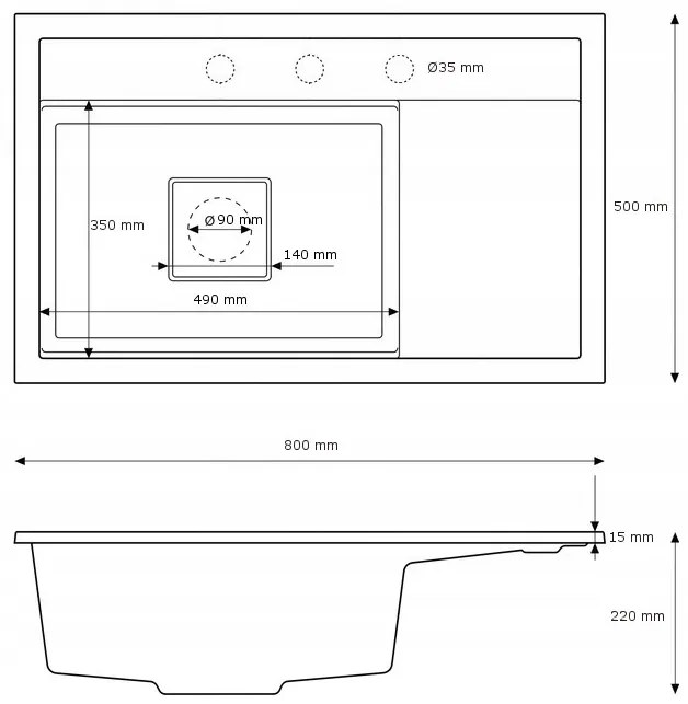 Gamma Quadro 8151, 1-komorový granitový dřez 800x500x220 mm, černá, GMA-ZLE000184
