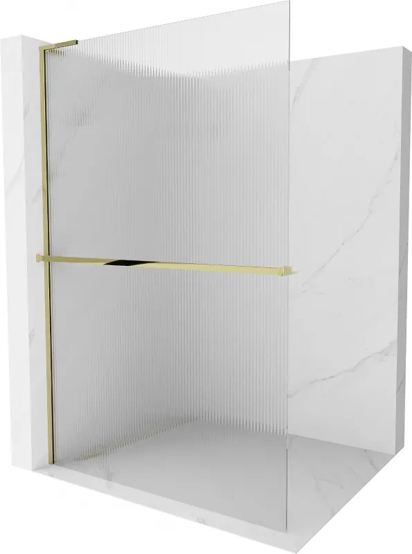 Mexen Kioto+ L, sprchová zástěna Walk-In s poličkou a věšákem 110 x 200 cm, 8mm sklo s žebrovým vzorem, zlatý lesklý profil, 800-110-123-50-09