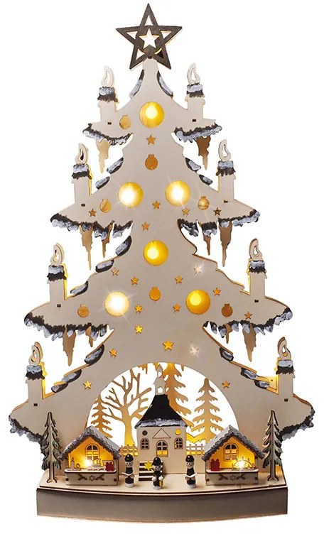 SOLIGHT LED dřevěný vánoční stromek s dekoracemi, 23x LED, přírodní barva, 64cm, 2x AA