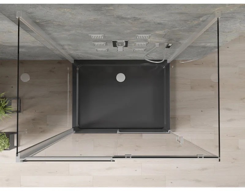 Mexen Omega, 3-stěnový sprchový kout s posuvnými dveřmi 100 (dveře) x 100 (stěna) x 190 cm, 8mm čiré sklo, chromový profil + černá sprchová vanička SLIM, 825-100-100-01-00-3S-4070