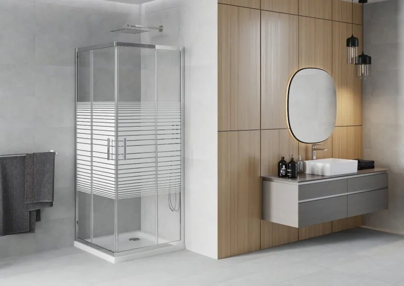 Mexen Rio čtvercový sprchový kout 70 x 70 cm, 5mm sklo, čiré sklo/pásy, chromový profil + slim sprchová vanička 5cm, 860-070-070-01-20-4010