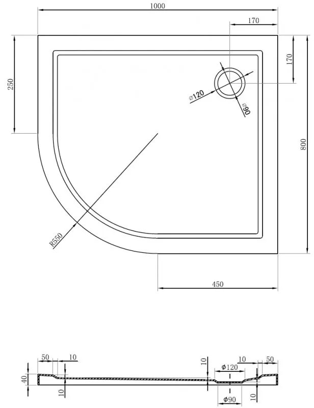 Mexen Flow, asymetrická čtvrtkruhová sprchová vanička slim, pravá 100 x 80 cm, černá matná, 46Q708010R