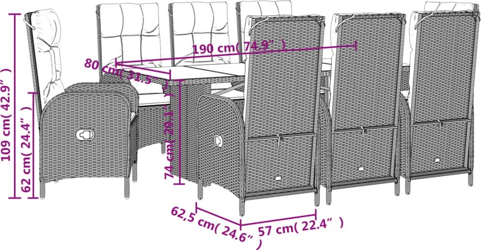 9dílný zahradní jídelní set s poduškami černý polyratan 3213515