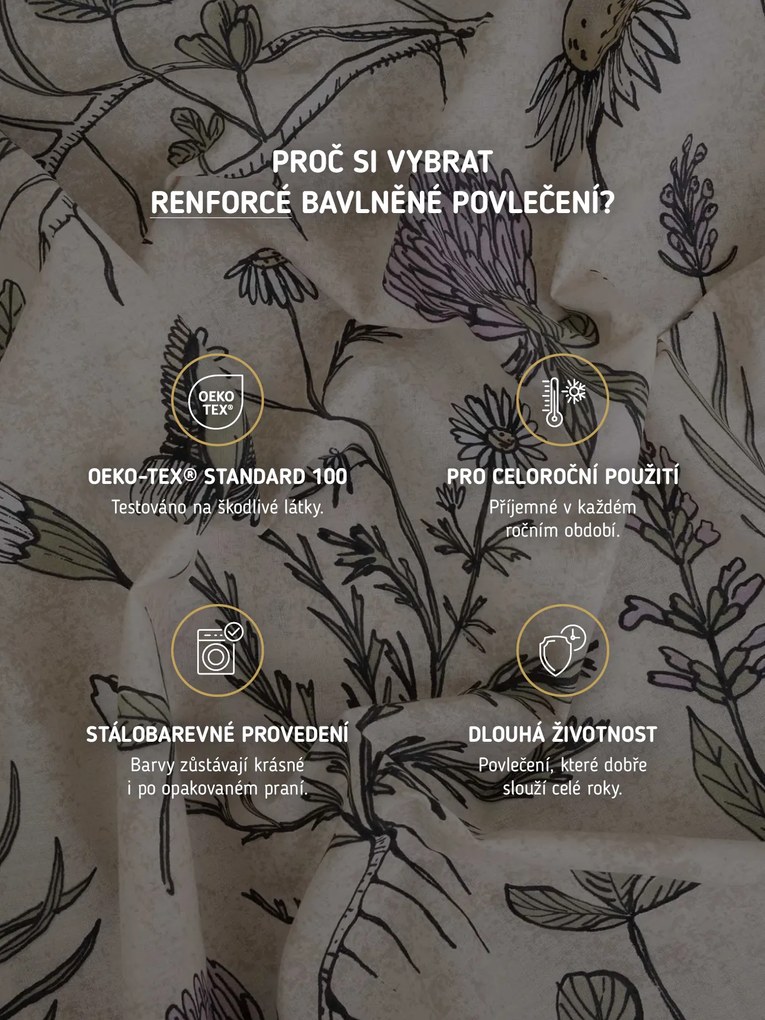 MK Lůžkoviny Bavlněné povlečení Renforcé - Herbář béžové 140 × 200 cm, 70 x 90 cm