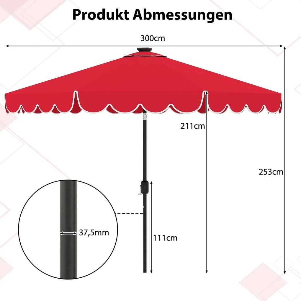 Costway 300 cm slunečník s LED osvětlením a klika a záclonka market, víno