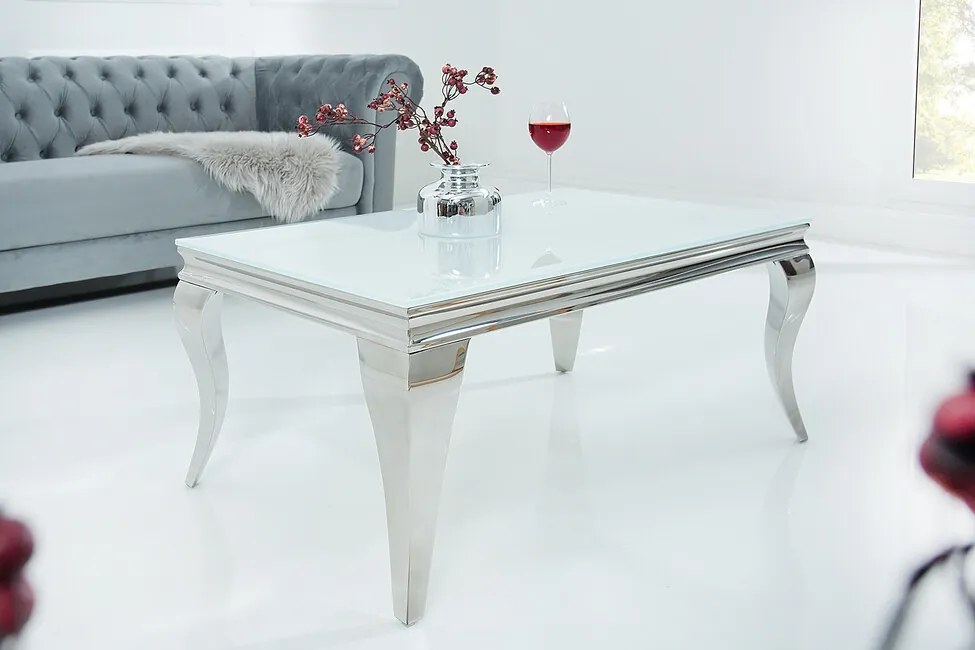 Skleněný konferenční stolek Barock White bílá stříbrná 100cm
