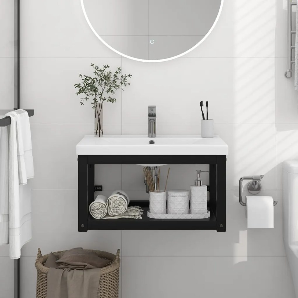 Nástěnný koupelnový regál pod umyvadlo černý 59x38x31 cm železo 338494