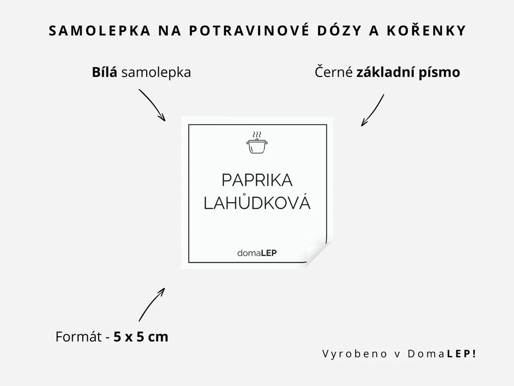 PAPRIKA LAHŮDKOVÁ - omyvatelná samolepka na kořenky, výběr rozměrů Ø 5 cm / 5 x 5 cm / 6 x 8 cm | DomaLEP tvar: ČTVEREC, barva: BÍLÁ - ČERNÉ písmo, velikost: š. 5 cm x v. 5 cm - tučné písmo