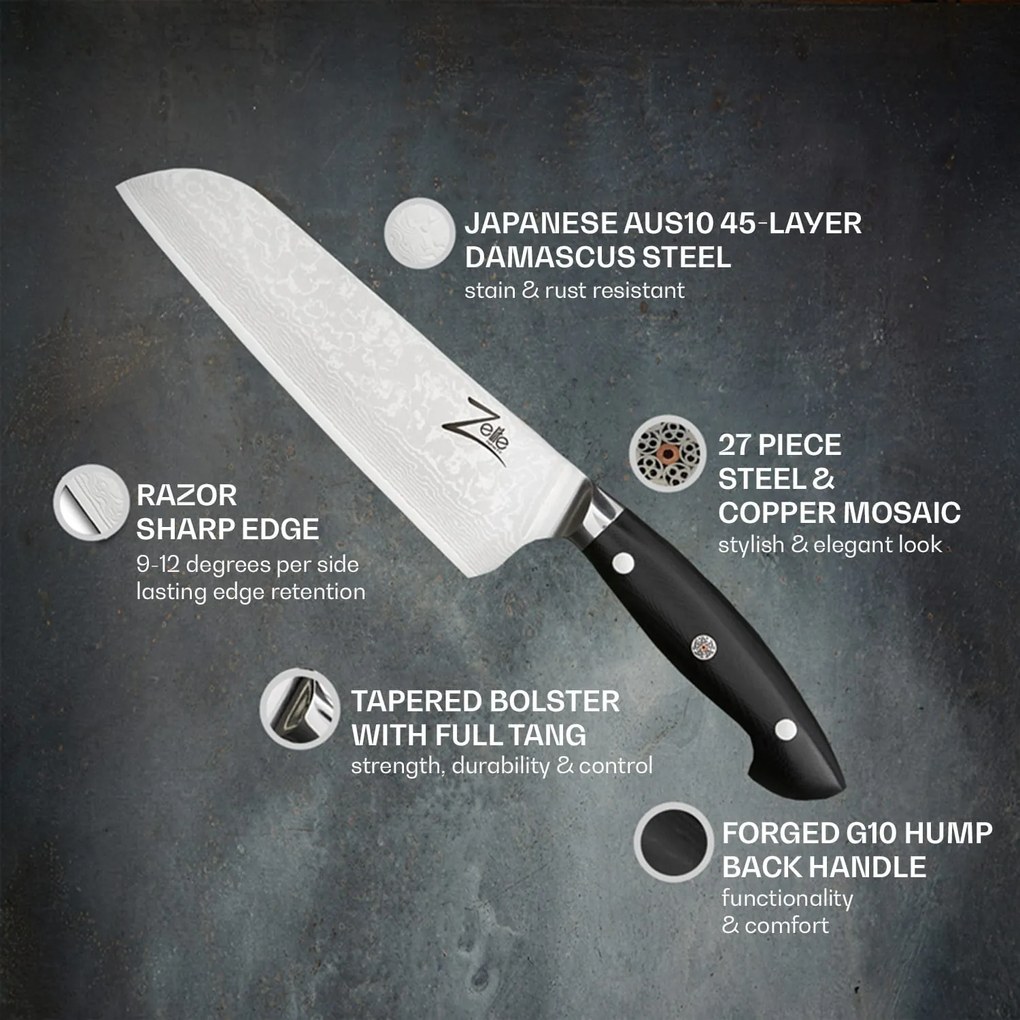 Executive-Plus, 7" nůž santoku, 61 HRC, damašková ocel