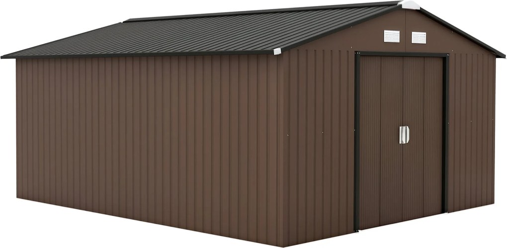 Outsunny Toolhouse 12,4 m², Zahradní Kůlna s Šikmou Střechou, Posuvné Dveře, Základna, 386 x 340 x 200 cm, Kůlna na Nářadí z Pozinkované Oceli, Odolná