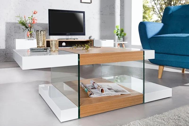 Konferenční stolek Onyx  110 cm bílý z dubového dřeva a skla