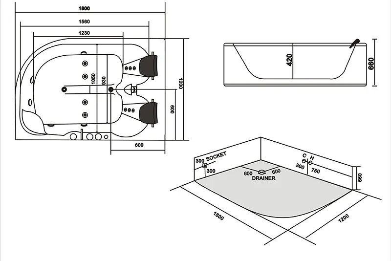 BPS-koupelny Hydromasážní vana HYD-CA631R 180x120 PRAVÁ bez ohřevu vody
