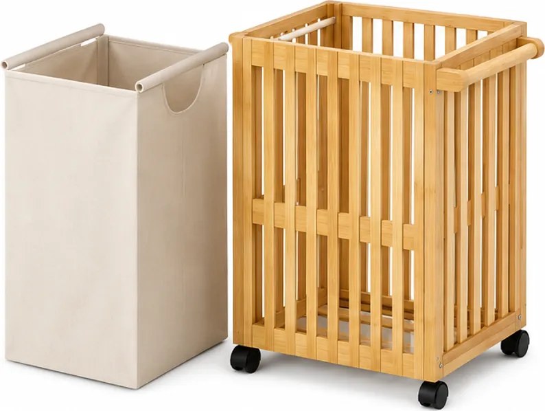 koš na prádlo, 2x80 l, kolečka, bambus/látka, 71x43x43 cm, přírodní/krémová, Dekorino KP20260008