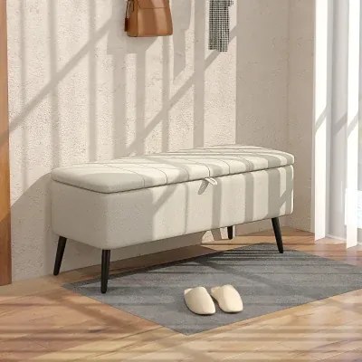 HOMCOM sedací lavice s úložným prostorem, čalouněná lavice s lněným vzhledem, sedací truhla s kovovými nohami 102 x 40 x 44 cm, krémově bílá