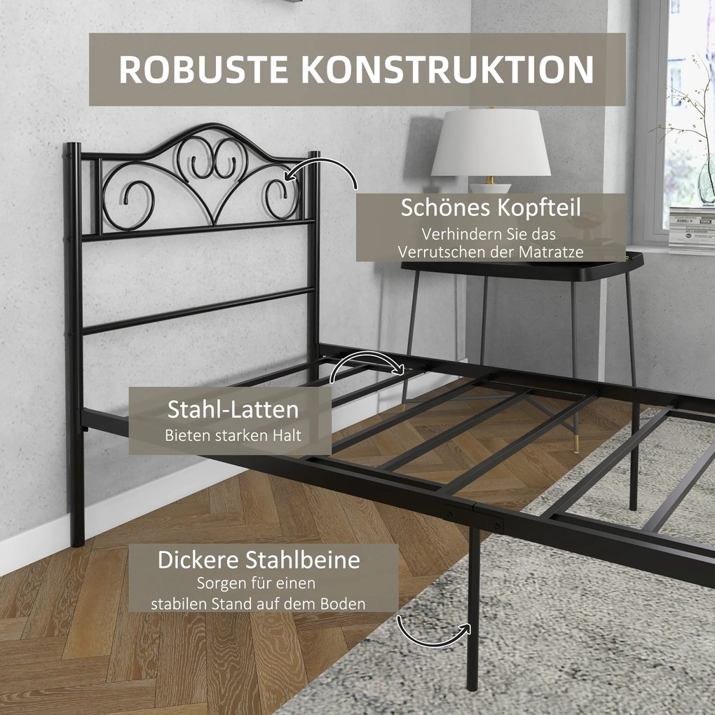 HOMCOM jednolůžkový postelový rám z oceli 95x211x106 cm, integrované laťování, čelo a nožní část, úložný prostor pod postelí, černá