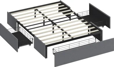 HOMCOM postel s úložným prostorem 140 x 190 cm, čalouněný rám dvojlůžka se 3 zásuvkami, LVL lamelový rošt, bezhlučný, šedá