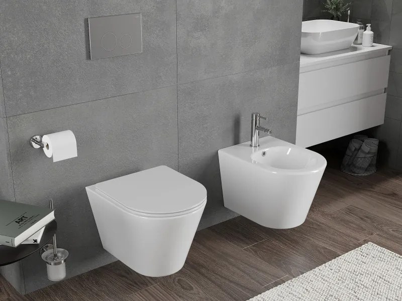 Mexen Rico, závěsná WC mísa 490x360x370 mm, Rimless Tornádo + WC sedátko z duroplastu, bílá lesklá, 30720300T