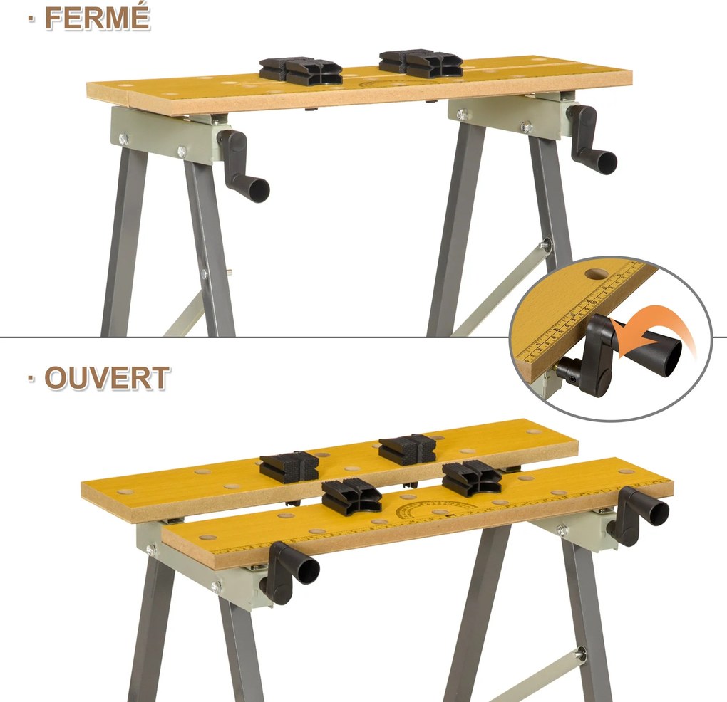 Skládací pracovní stůl DURHAND se 4 svorkami, 100 kg nosnost, ocelová konstrukce, pracovní deska pro dílnu, garáž a staveniště, 62,5x60,5x78,5 cm, šed