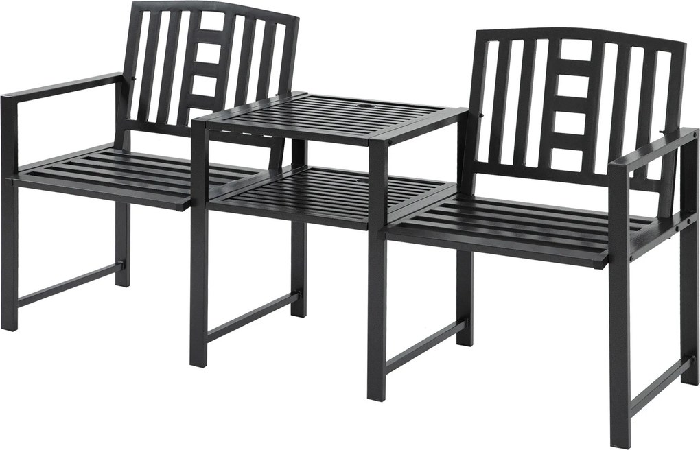 Outsunny Moderní zahradní lavice pro 2 osoby s stolem a otvorem na slunečník, venkovní nábytek 165x56x85,5cm Černá